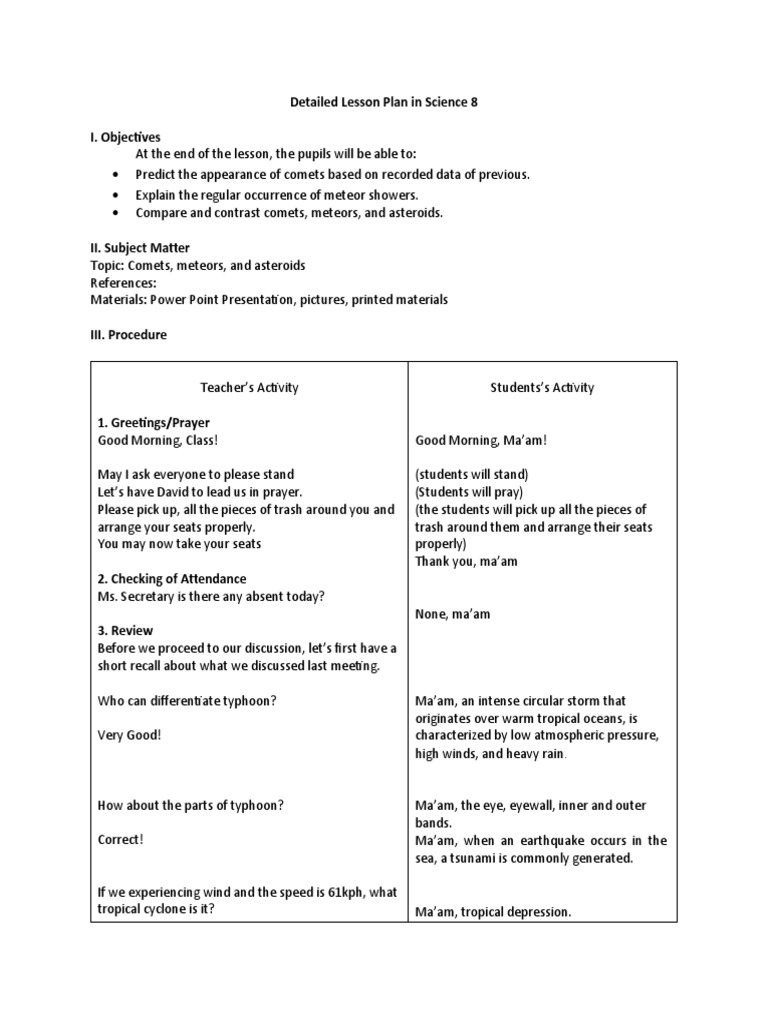 Detailed Lesson Plan in Science 8 METEORS | PDF | Meteoroid | Comet