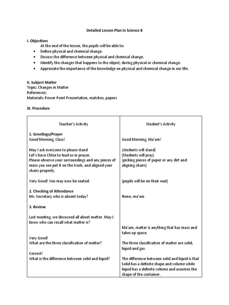 Detailed Lesson Plan in Science 8 Changes in Physical State | PDF ...