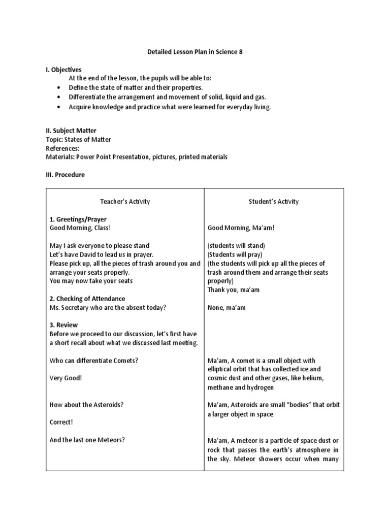 States of Matter Lesson Plan for Grade 8 | PDF | Gases | Liquids