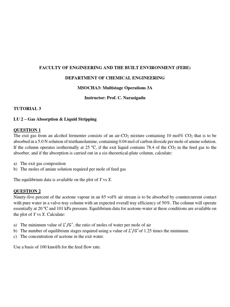 MSOCHA3 - Tutorial 3 - LU 2 - Gas Absorption & Liquid Stripping | PDF | Mole (Unit) | Gases