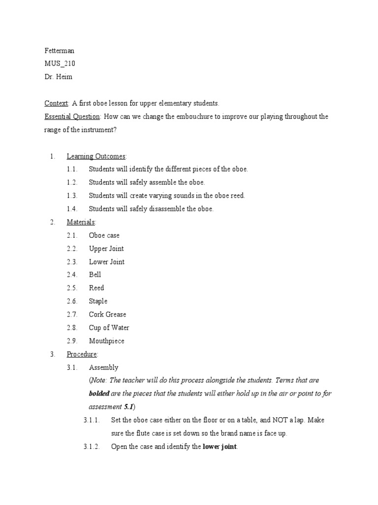 Fetterman-Mus150-Oboe Lesson Plan 1 | PDF | Oboe | Woodwind Instruments