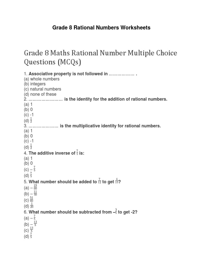 Grade 8 Maths Rational Number Multiple Choice Questions (MCQS) | PDF