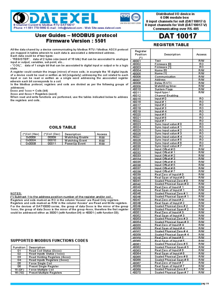 8 Channel Current and Voltage To Modbus Rtu Dat10017 User Guide | PDF ...