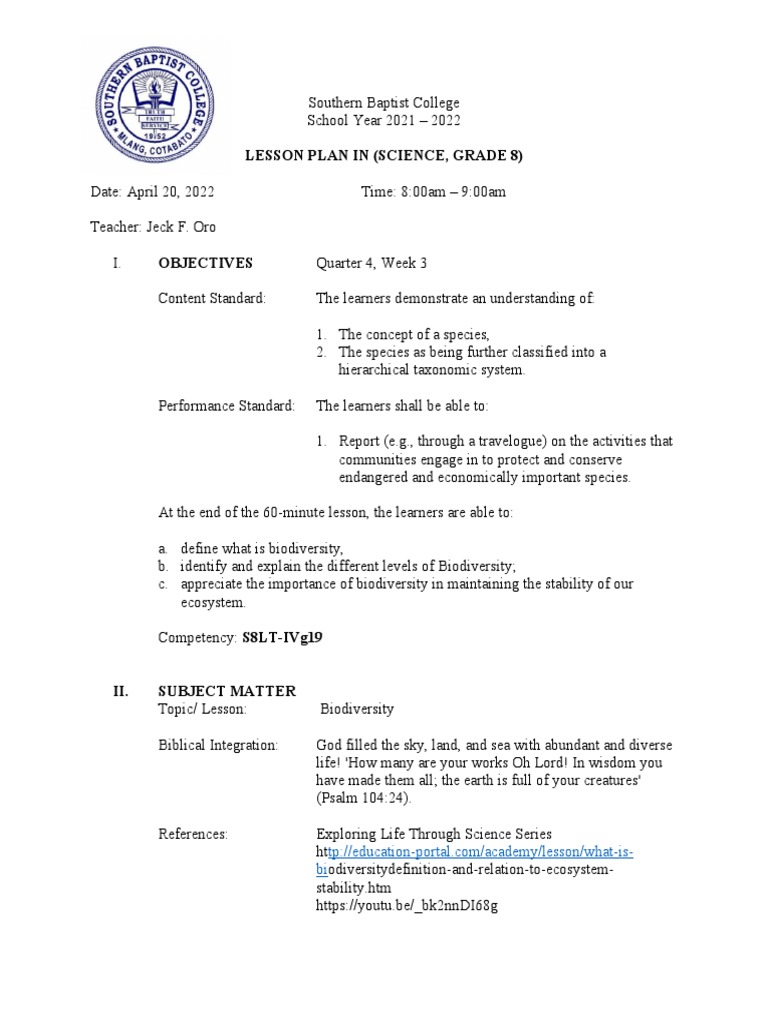 Lesson Plan in (Science, Grade 8) | PDF | Biodiversity | Species