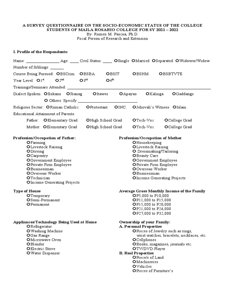 Socio-Economic Status Survey for Students | PDF | Economies