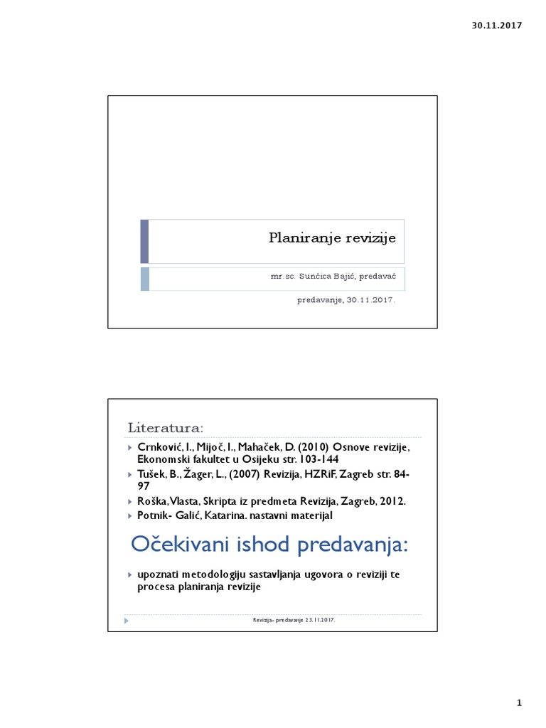 Očekivani Ishod Predavanja:: Planiranje Revizije | PDF