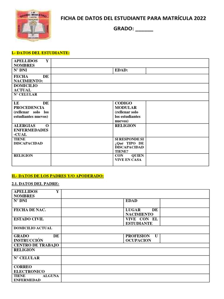 Ficha de Datos Del Estudiante para Matrícula 2022 | PDF | Costa Rica ...