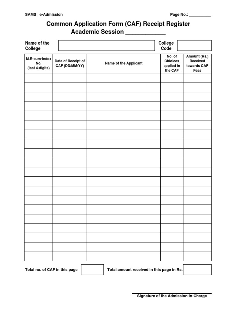 Common Application Form (CAF) Receipt Register Academic Session | PDF