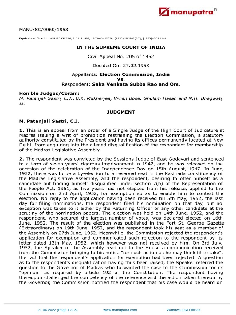 Election Commission India V.saka Venkata Subba | PDF | Jurisdiction ...