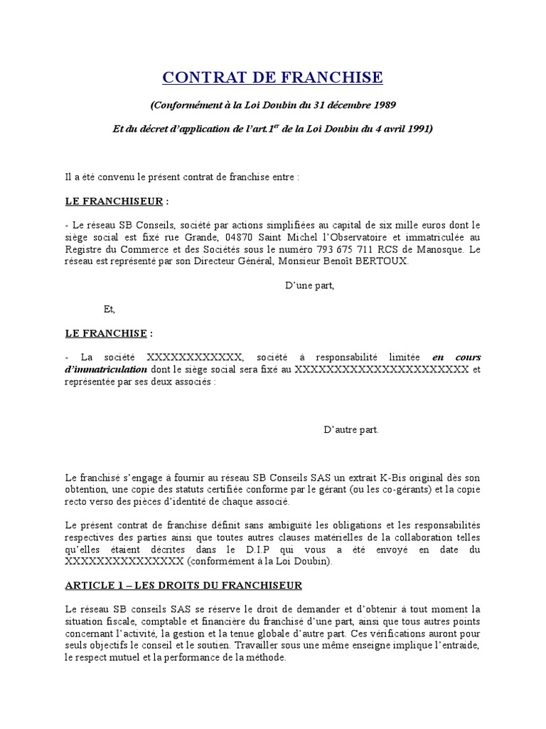 Contrat de Franchise SB Conseils | PDF | Franchise (réseau commercial ...