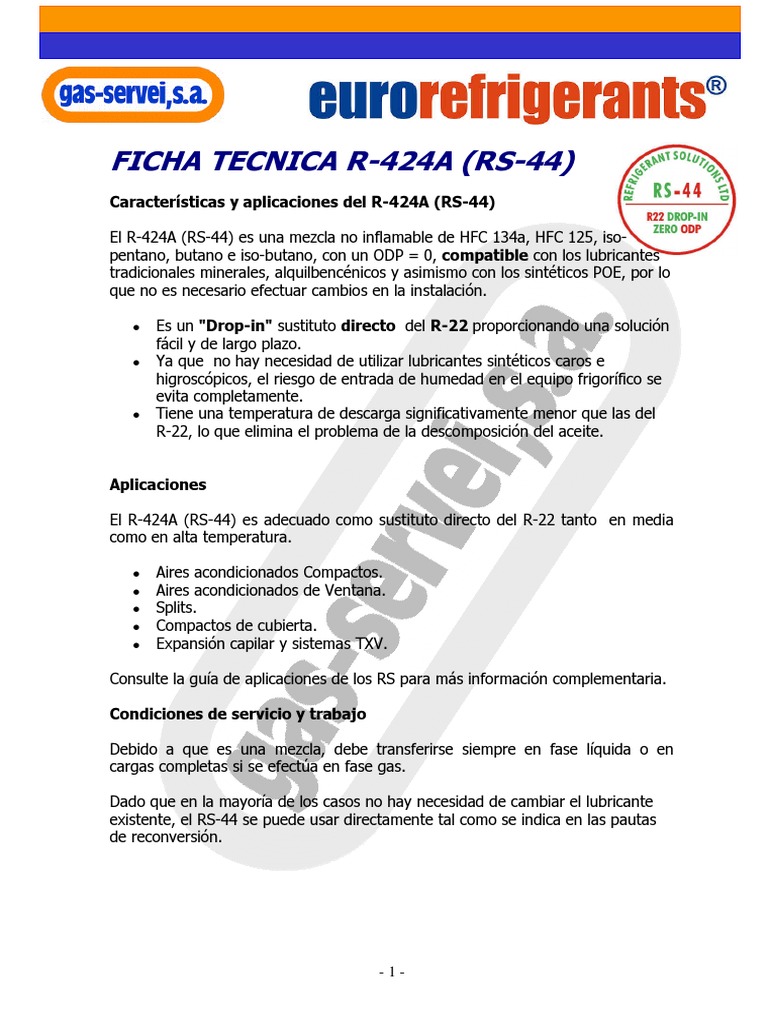 Ficha Tecnica R-424A (Rs-44) | PDF | Aire acondicionado | Presión