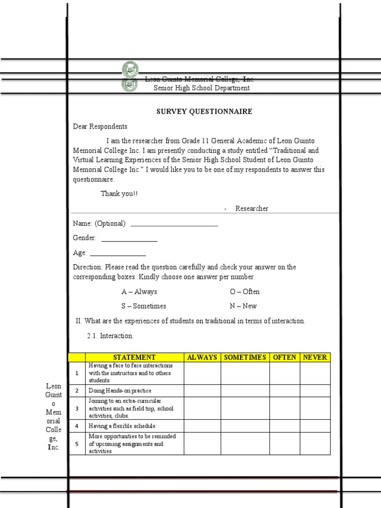 Survey Questionnaire: Statement Always Sometimes Often Never | PDF ...