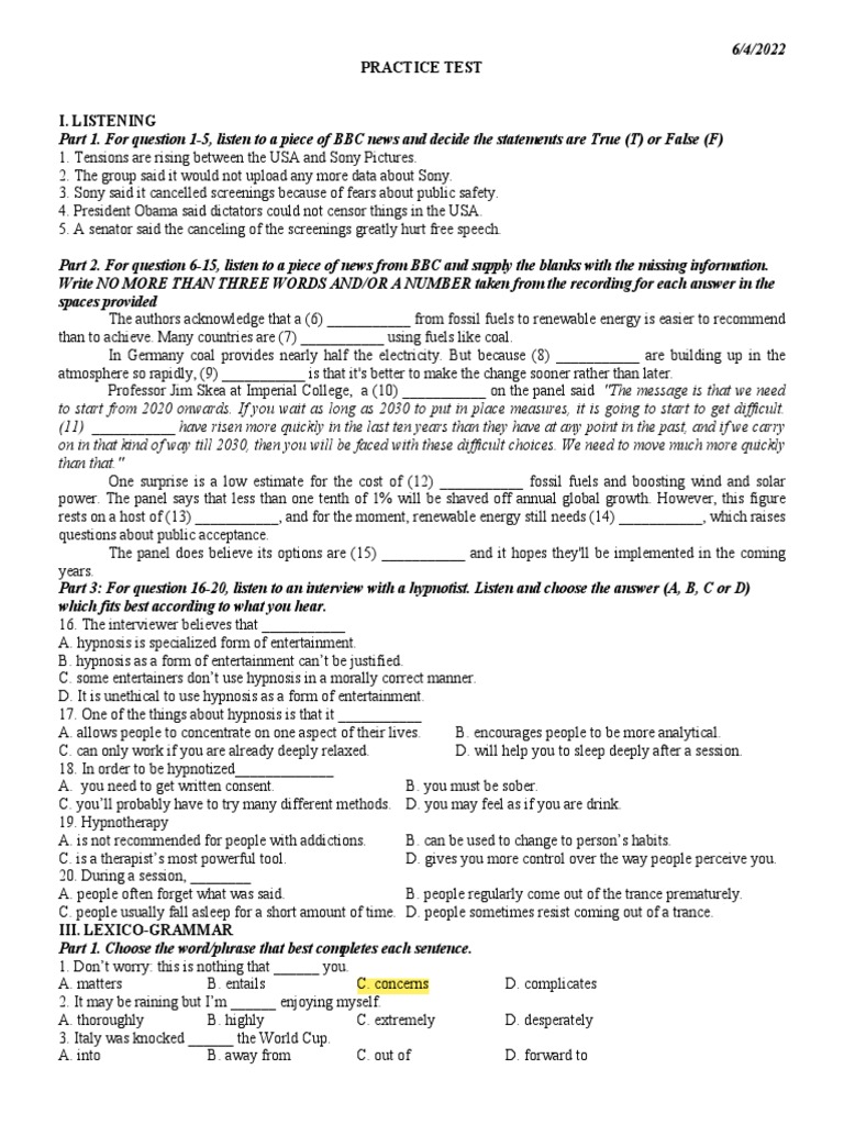 Practice Test | Download Free PDF | Hypnosis | English Language