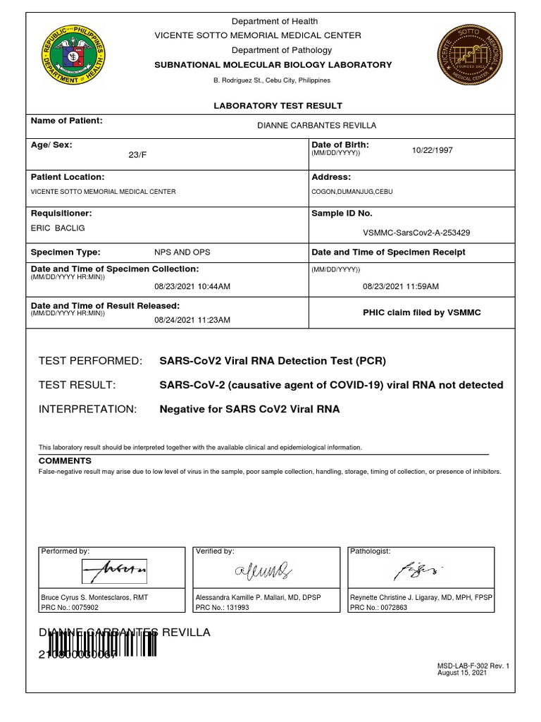 Swab Result | PDF | Pathology | Health Care