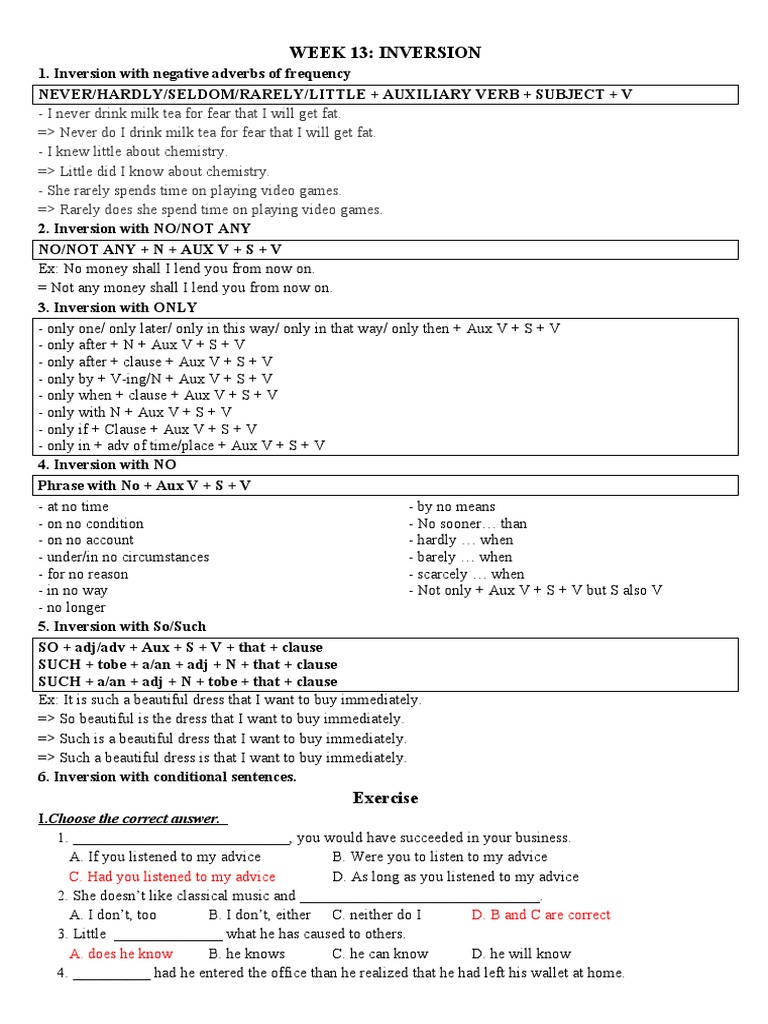 WEEK 13-Inversion-Handouts | PDF | Clause | Linguistics