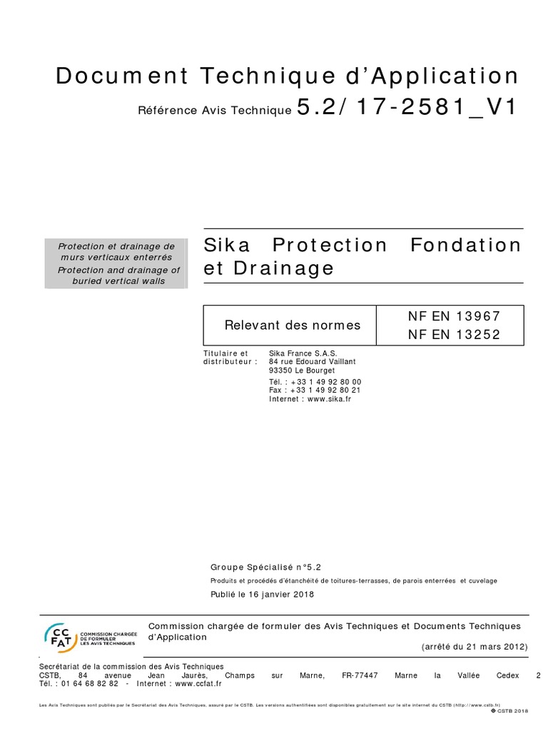 Document Technique D'application 5.2/17-2581 - V1: Sika Protection Fondation Et Drainage | PDF ...