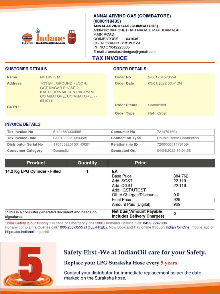 Anna Arvind Gas Tax Invoice for LPG Cylinder Refill Order | PDF ...