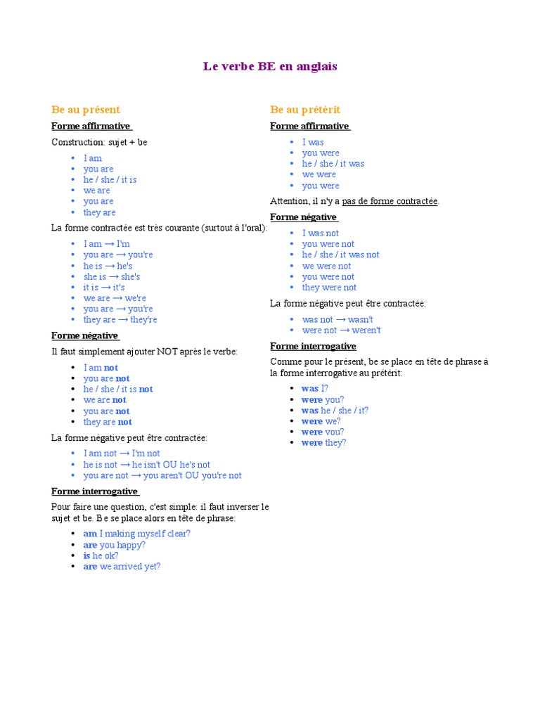 Le Verbe BE en Anglais | PDF
