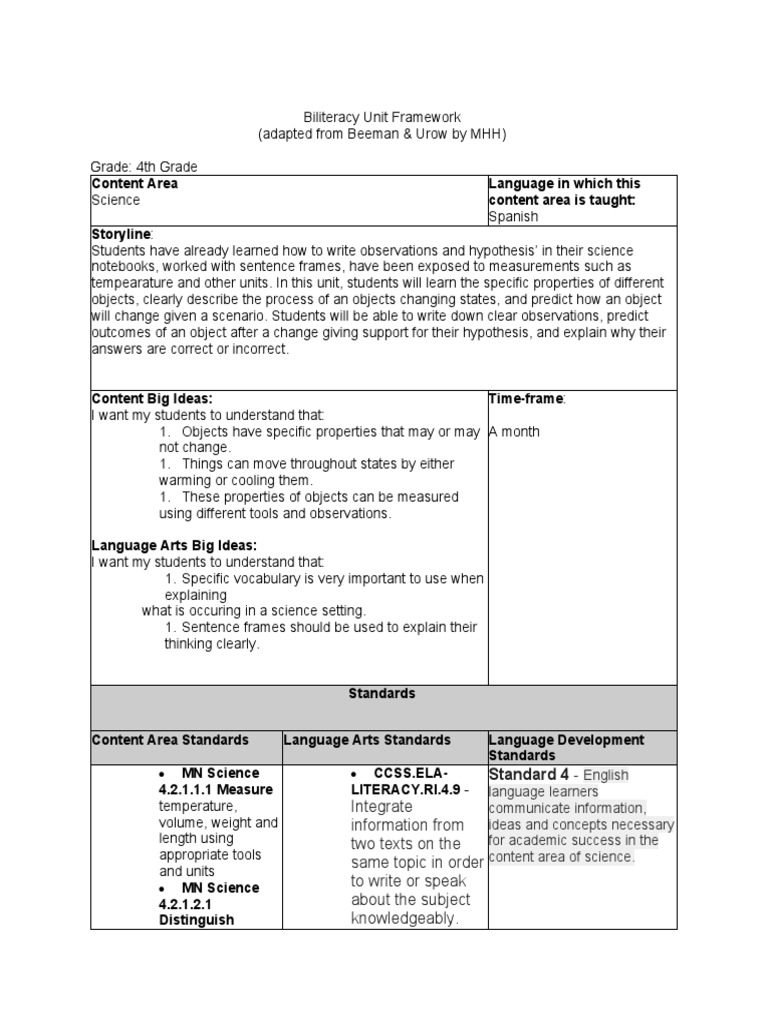 Biliteracy Unit Framework | PDF | Science | Vocabulary