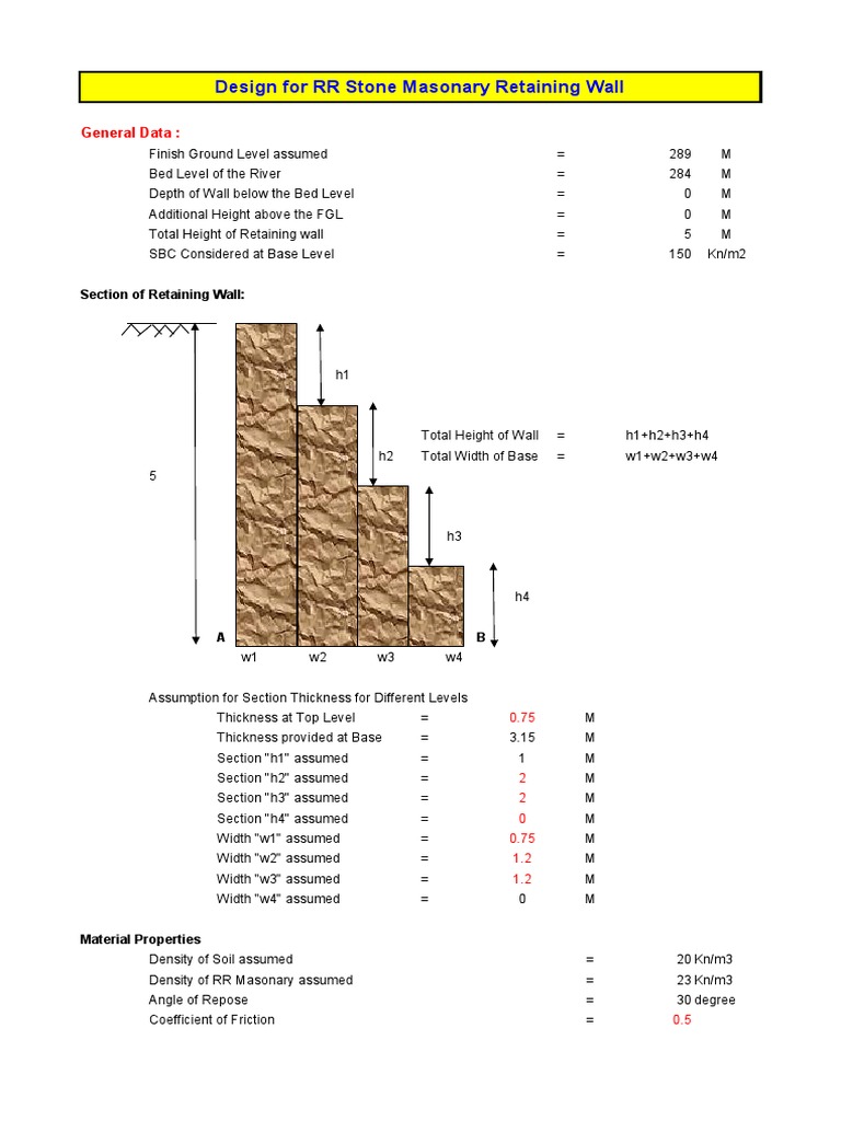 Design For RR Stone Masonary Retaining Wall: General Data | PDF ...