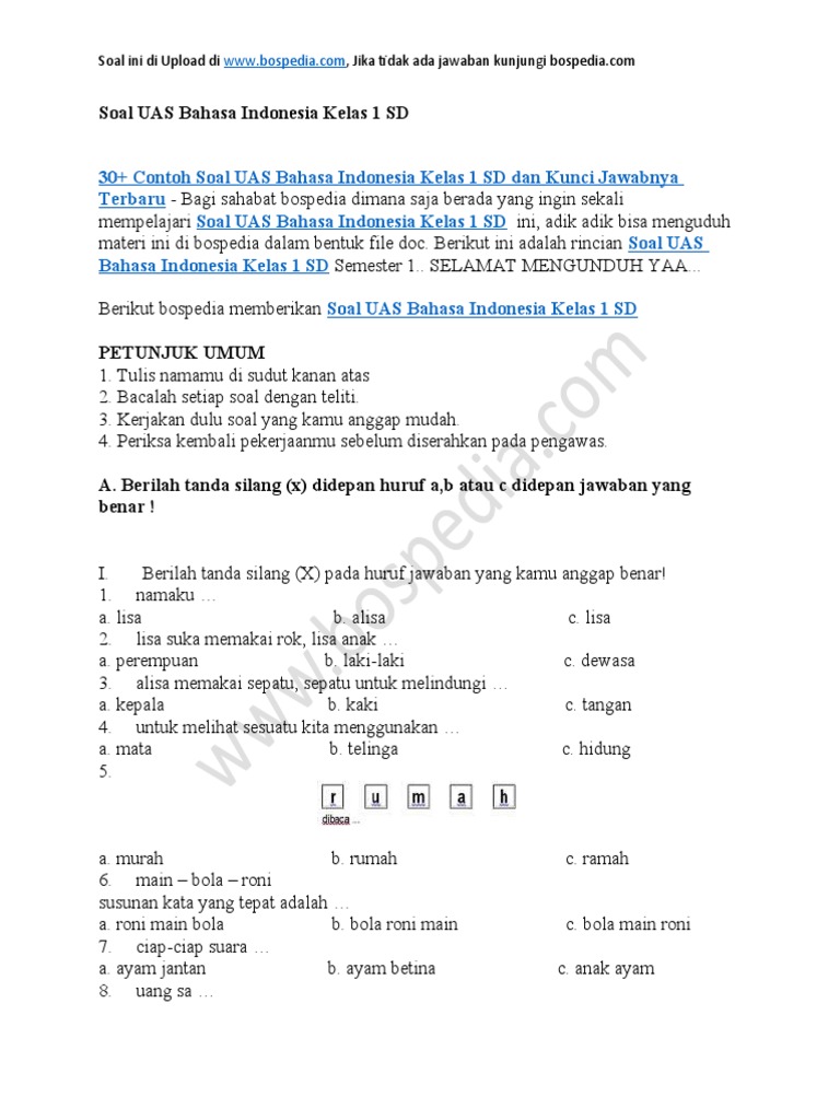 30+ Contoh Soal UAS Bahasa Indonesia Kelas 1 SD Dan Kunci Jawabnya | PDF