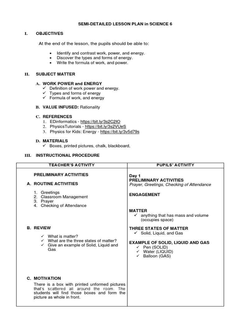 SEMI-DETAILED LESSON PLAN in SCIENCE 6 | PDF | Potential Energy | Chemistry