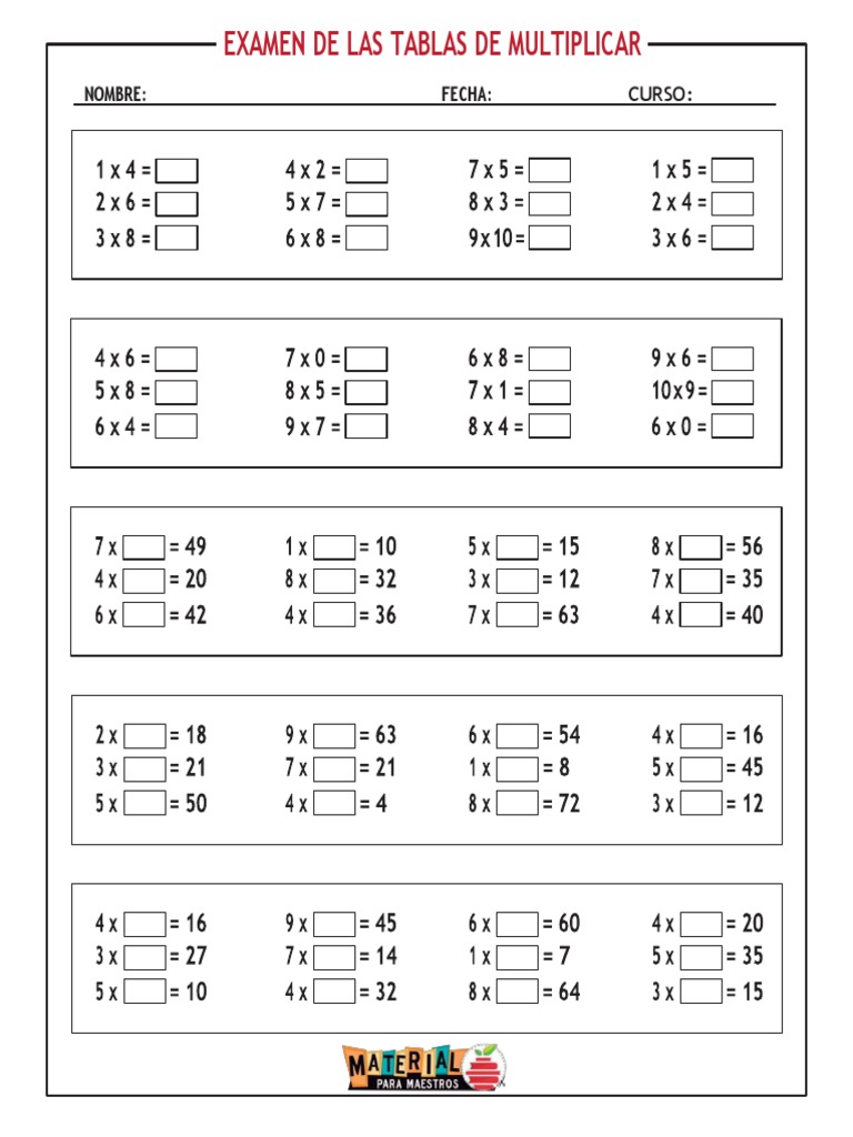 Examen de Tablas de Multiplicar 5 y 6 | PDF