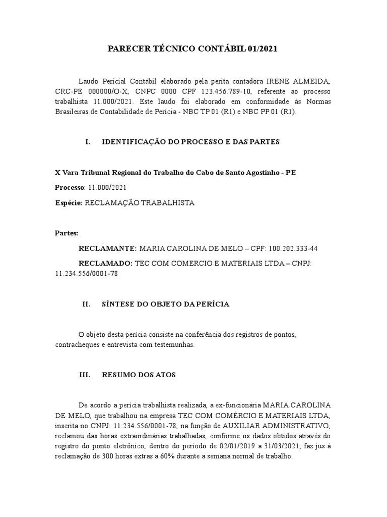 Parecer Técnico Contábil - Modelo | PDF | Contabilidade | Hora extra
