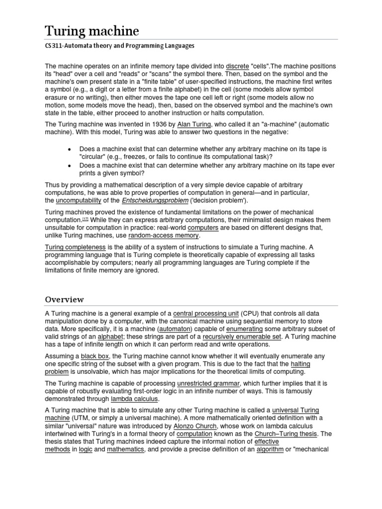 Turing Machine: CS311-Automata Theory and Programming Languages | PDF ...