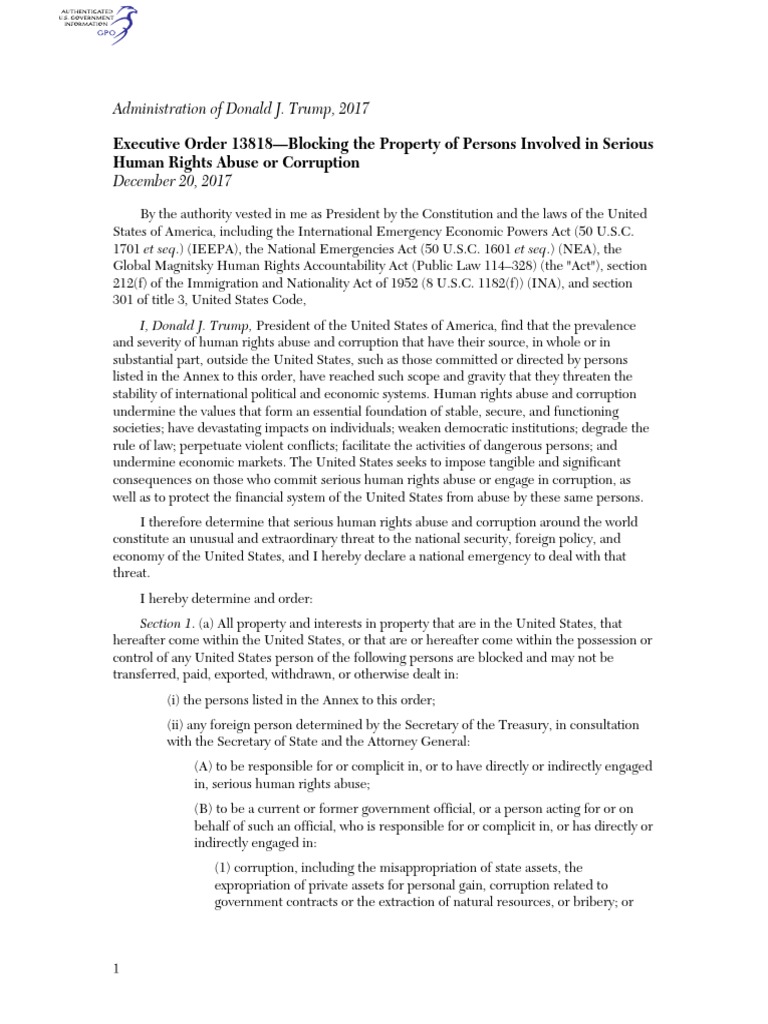 Executive Order 13818 | PDF | Common Law | Federal Government Of The ...