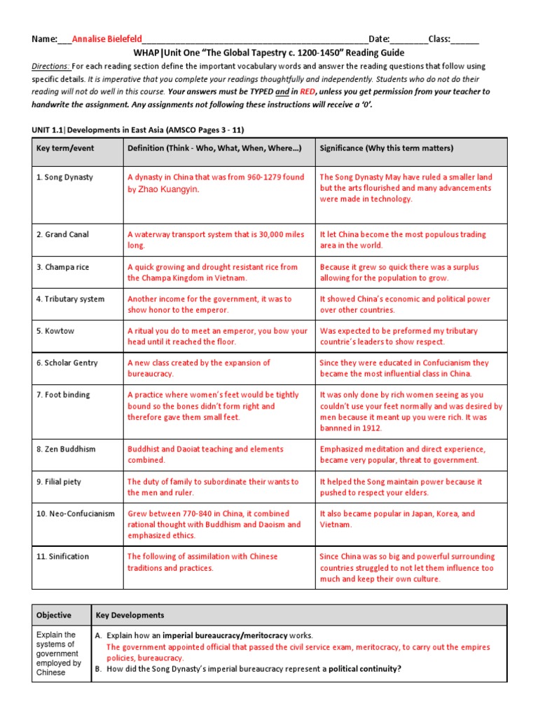 WHAP - Unit One "The Global Tapestry C. 1200-1450" Reading Guide | PDF ...