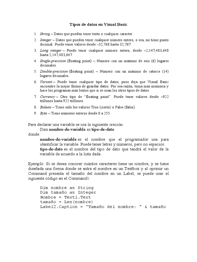 Tipos de Datos y Variables en Visual Basic | PDF | Variable ...