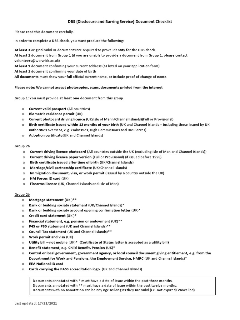 Dbs Document Checklist | PDF | Identity Document | International Law