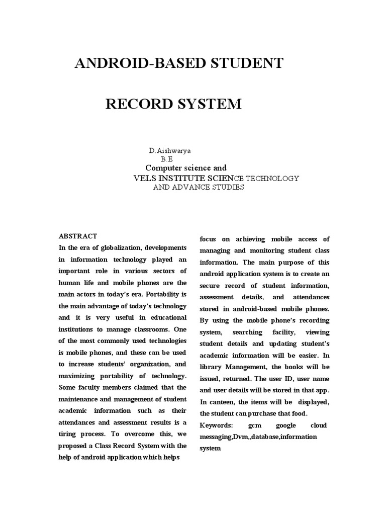 Android-Based Student Record System: Computer Science and Vels Institute Scien | PDF | Java ...