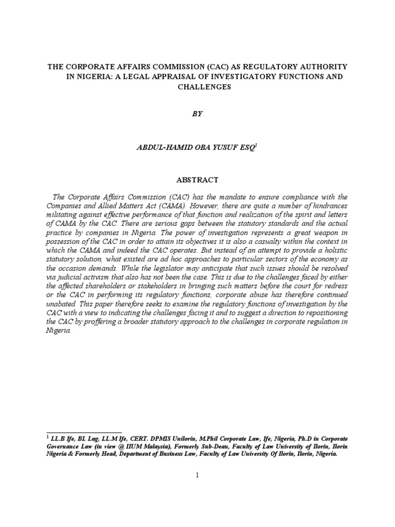 Cac Paper Legal Appraissal of Regulatory Investory Roles of Cac 2 | PDF ...
