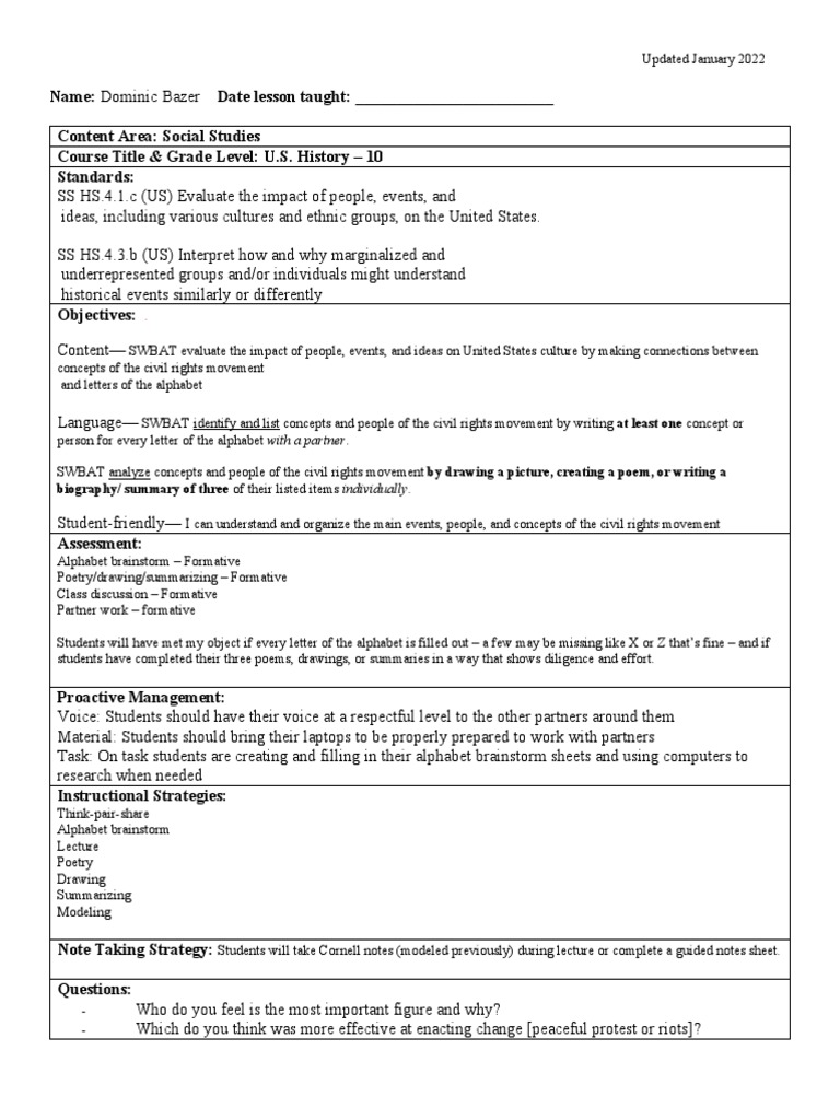 Civil Rights Lesson | PDF | Brainstorming | Lesson Plan