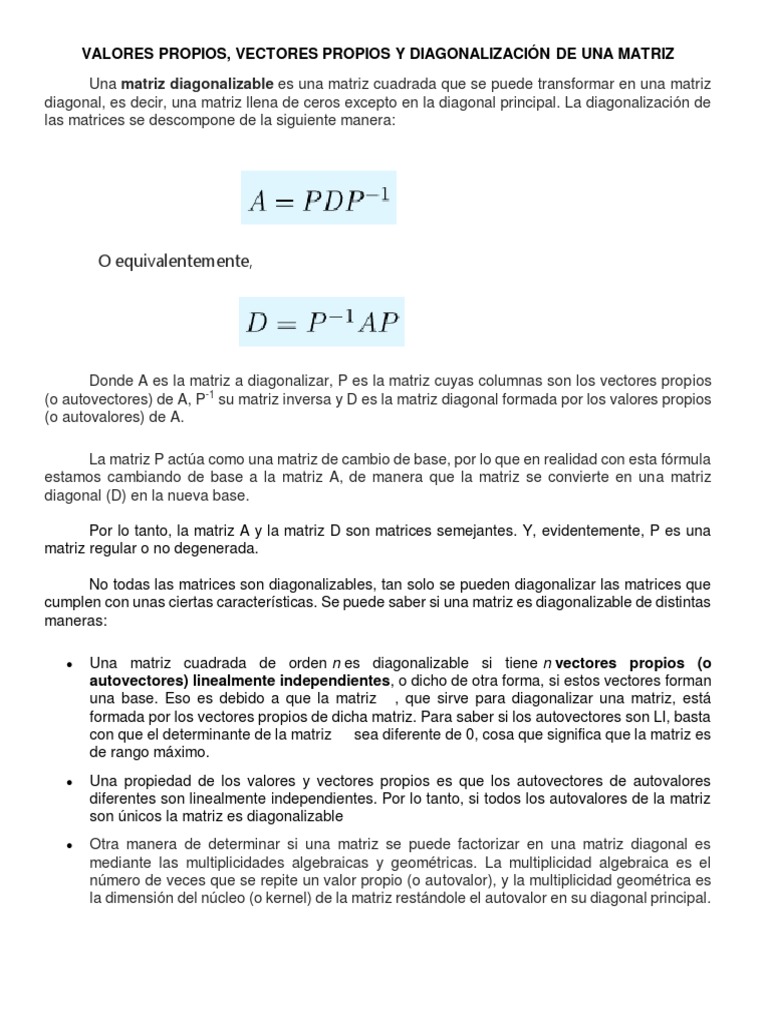 Valores Propios, Vectores Propios y Diagonalización de Una Matriz | PDF | Valores propios y ...