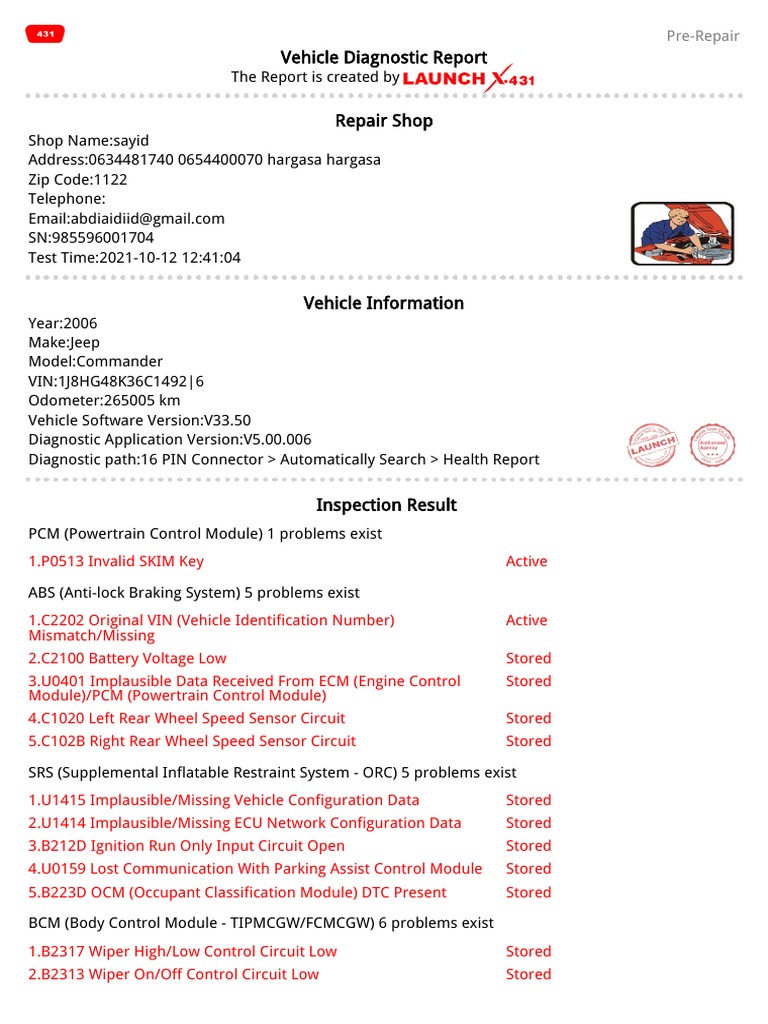 Vehicle Diagnostic Report: Pre-Repair | PDF | Anti Lock Braking System ...