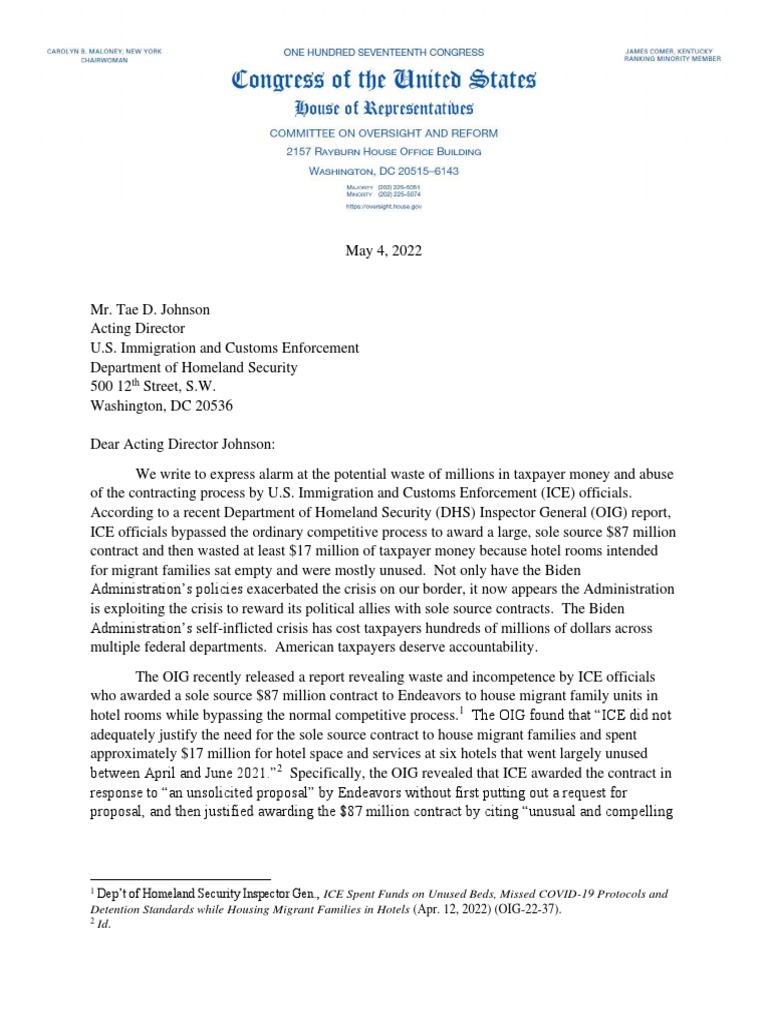 5.4 Letter To ICE Re Endeavors Contract and IG Report On Waste | PDF ...
