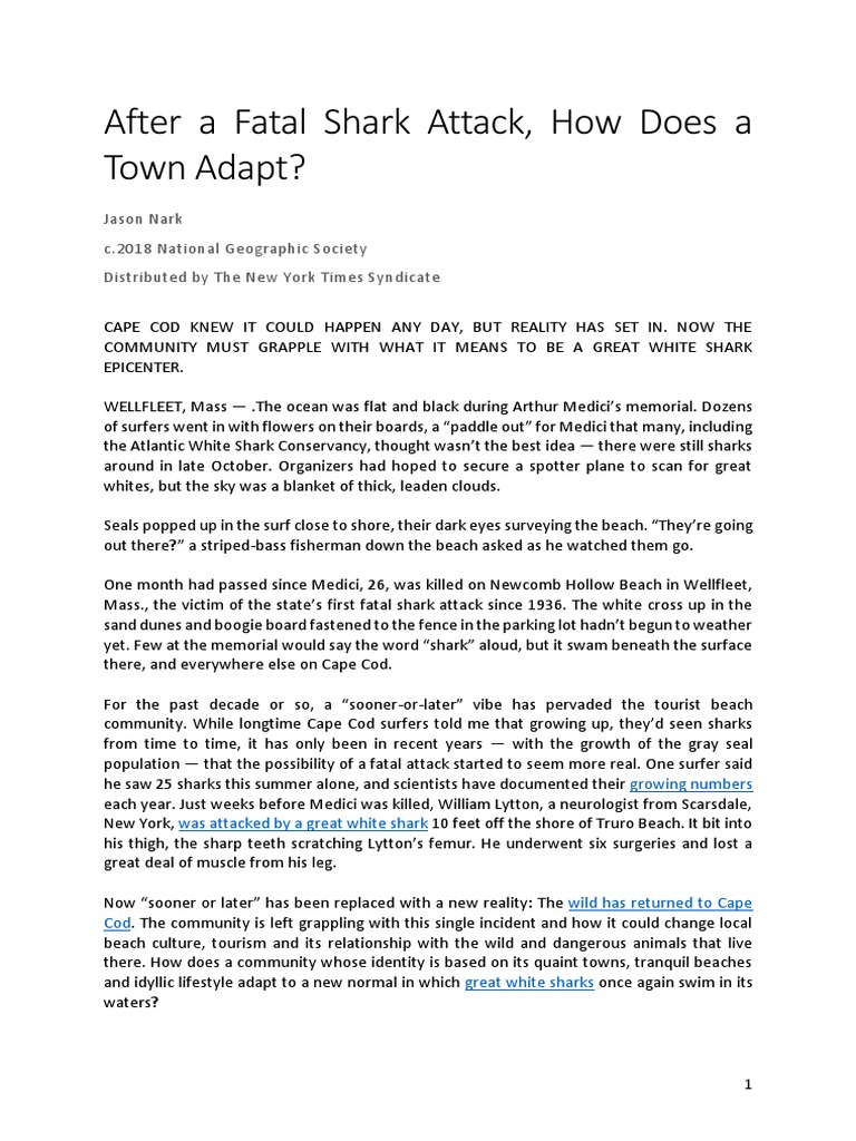 Article For Comprehension Quiz On After A Fatal Shark Attack, How Does ...