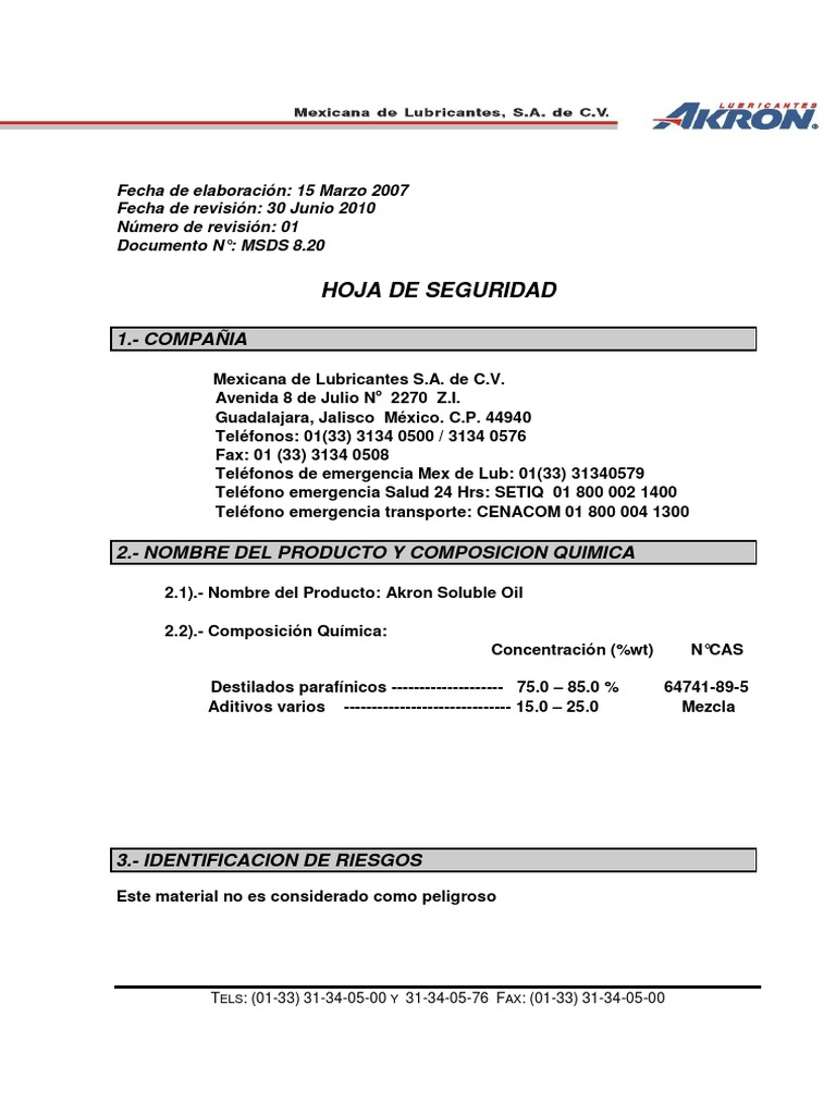 MSDS Akron Soluble Oil 16 Puntos | PDF | Combustión | Sustancias químicas