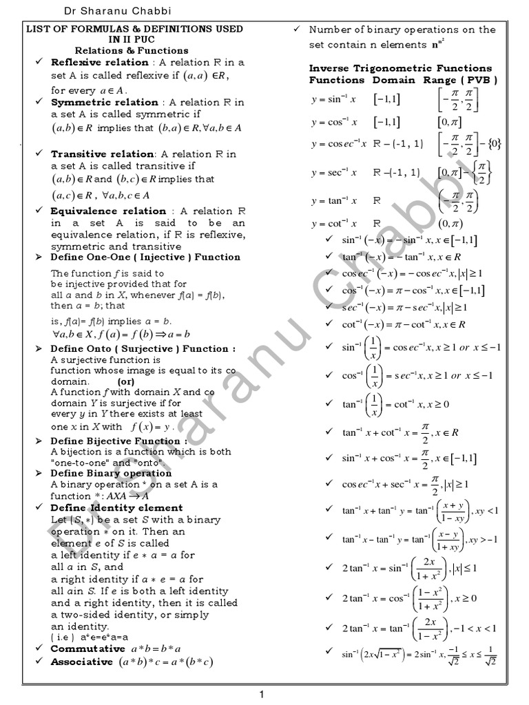Ii Puc List of Formulas | PDF | Function (Mathematics) | Mathematical ...