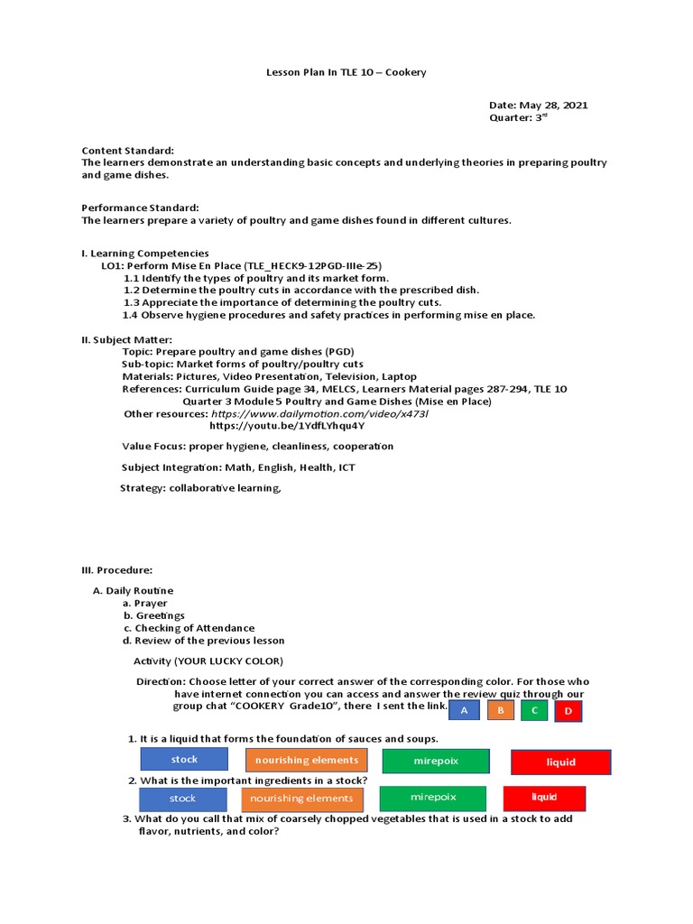 Lesson Plan in TLE 10 - Poultry | PDF | Poultry | Stock (Food)