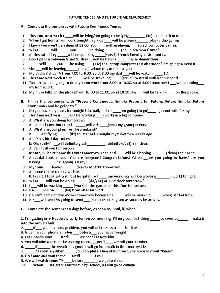 Future Tenses and Time Clauses Exercises | PDF | Linguistics | Grammar