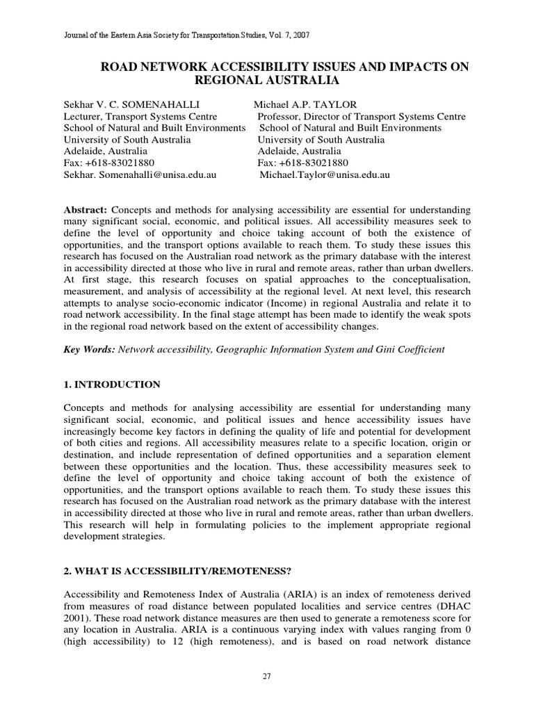 Road Network Accessibility Issues and Impacts On Regional Australia ...
