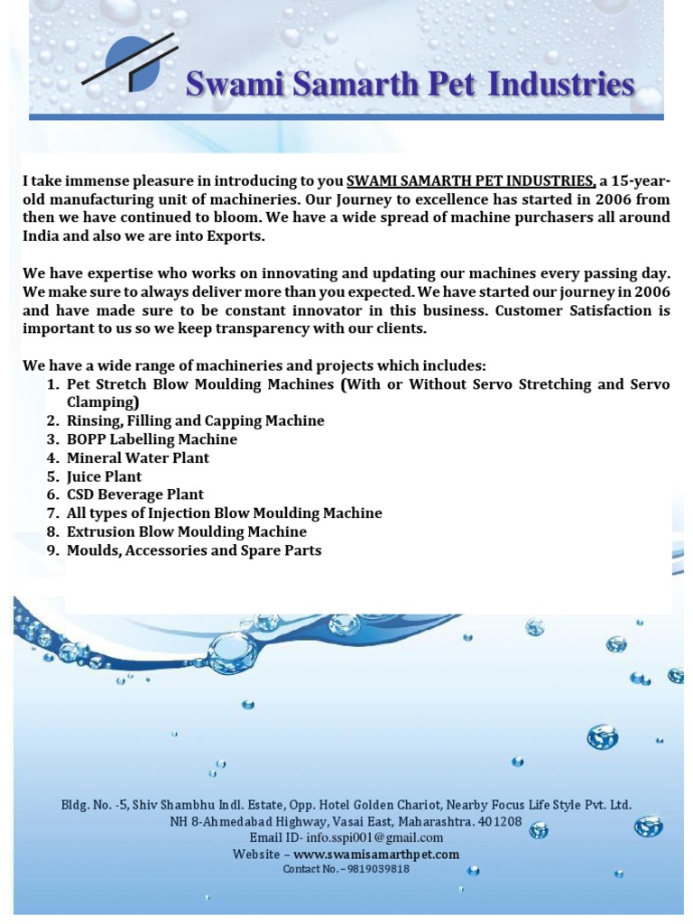 Introduction of Swami Samarth Pet Industries (Final) | PDF | Manufactured Goods | Industrial ...