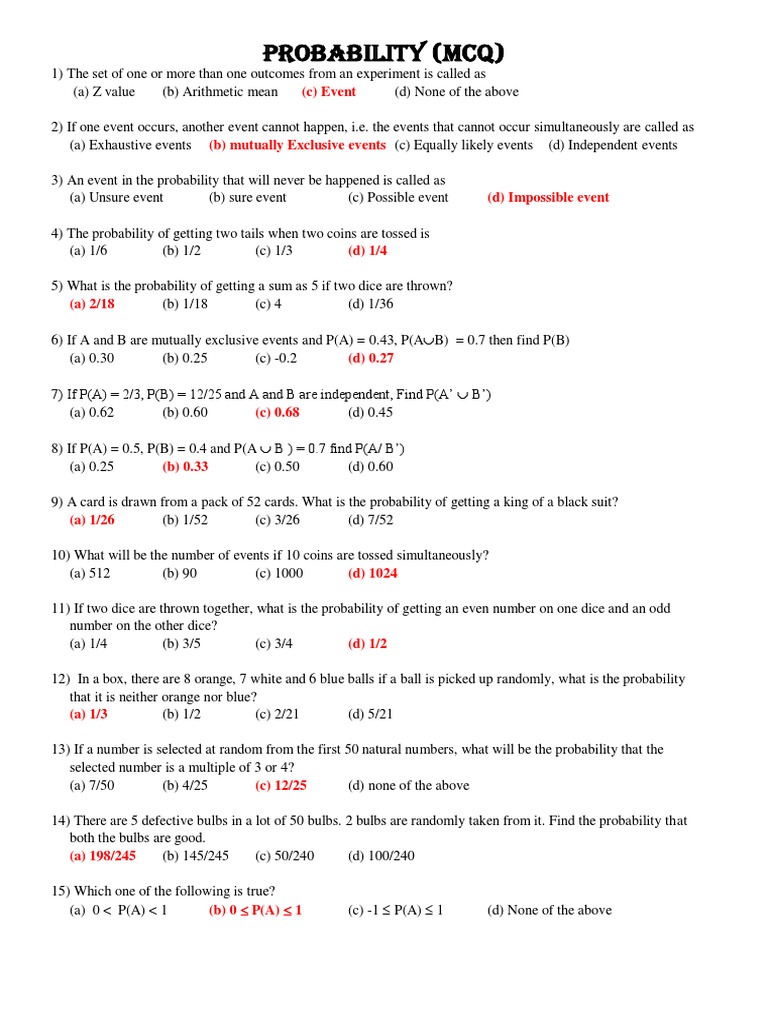 Probability MCQ | PDF | Odds | Probability