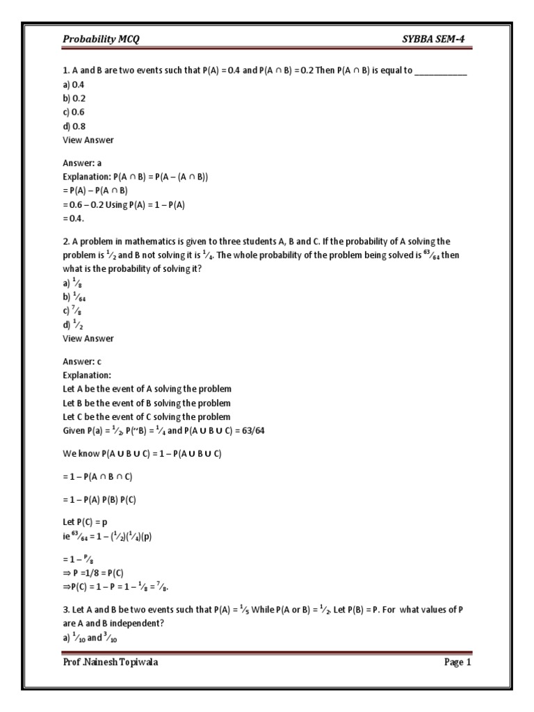 QM Unit - 2 Probability MCQ SYBBA SEM-4 | PDF | Odds | Epistemology Of ...