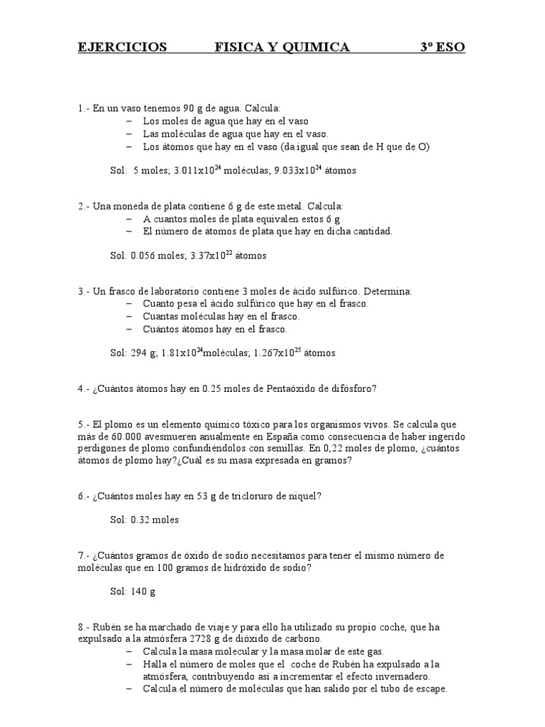 Ejercicios de Moles y Moléculas 3º ESO | PDF | Ciencia y matemáticas