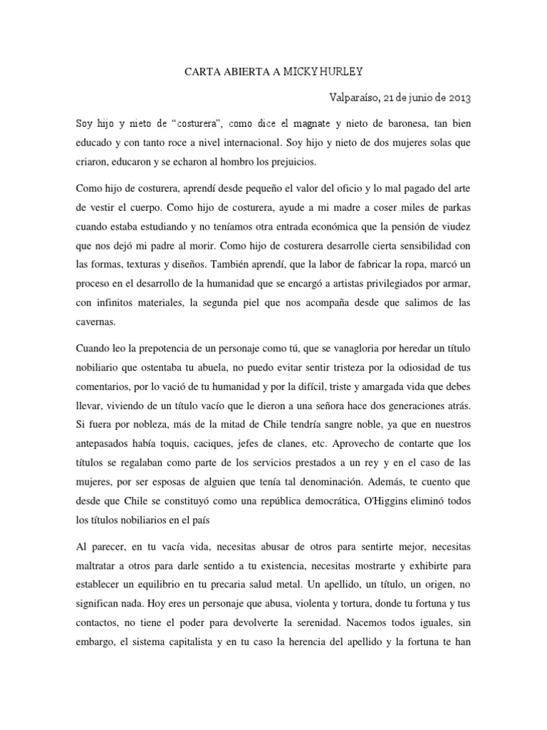 Carta Abierta A Micky Hurley | PDF | Nobleza